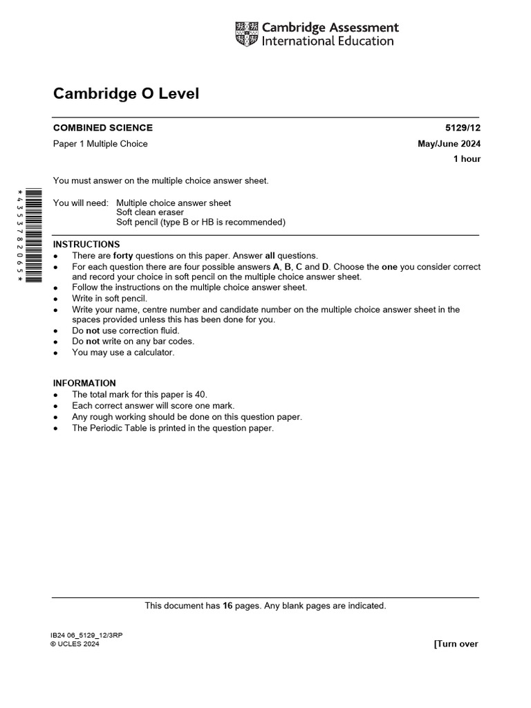 Cambridge O Level: Combined Science 5129/12 | PDF | Chemical Reactions ...