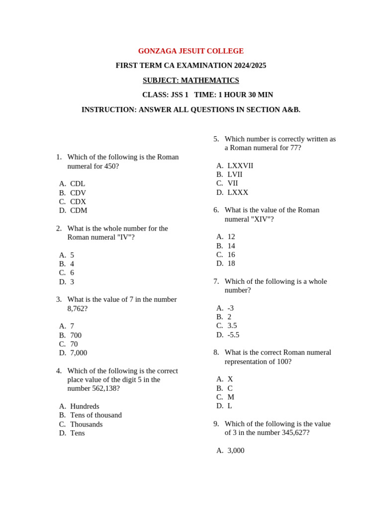 JSS 1 Mathematics Exam 2024/2025 | PDF | Mathematics | Arithmetic