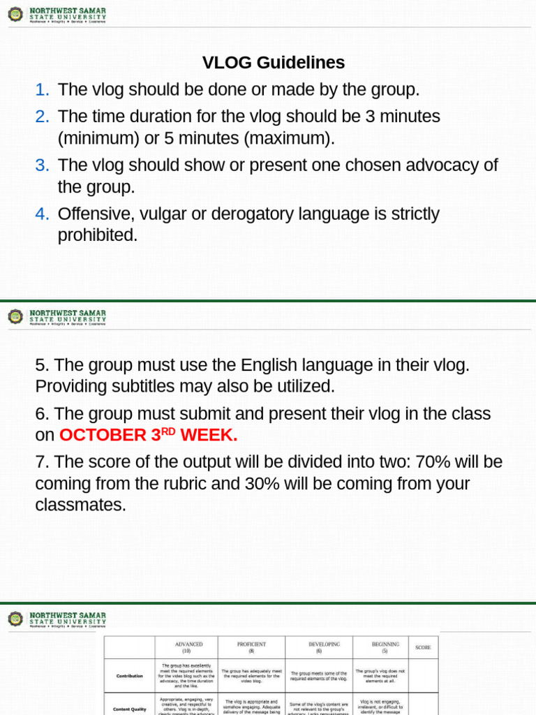 VLOG Guidelines and Rubric | PDF