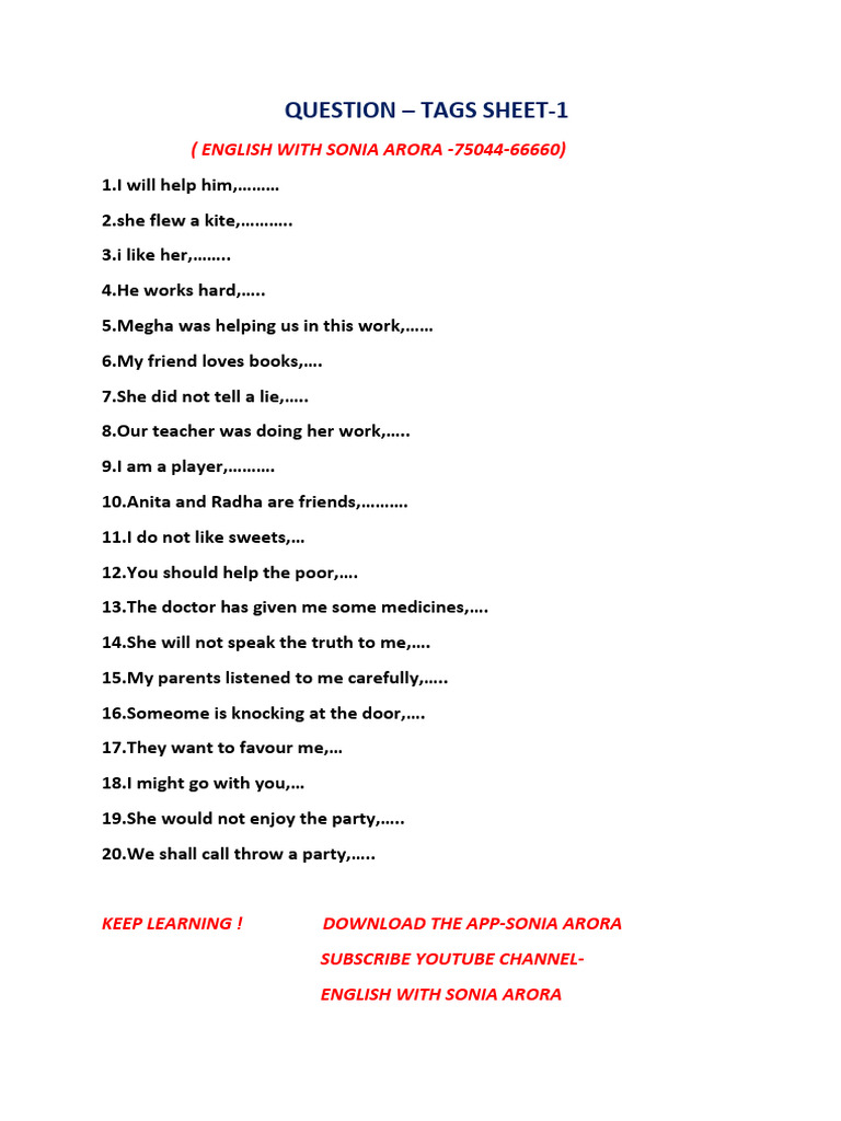 Question Tags Sheet-1 - 21838483 - 2024 - 11 - 11 - 21 - 51 | PDF