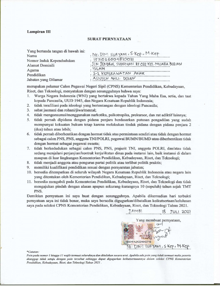 Pernyataan Dini Suryani | PDF