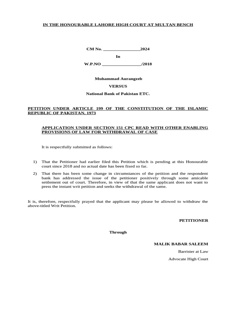 Application For Withdraw-Aurangzeb Vs NBP | PDF | Affidavit | Justice
