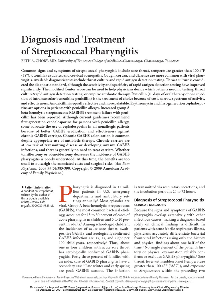 Diagnosis and Treatment of Streptococcal Pharyngitis | PDF | Medicine | Microbiology