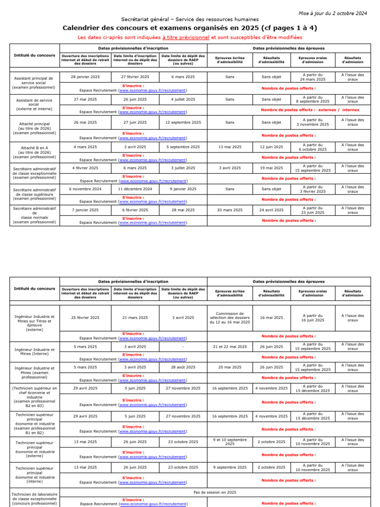 Calendrier des concours 2025 | PDF