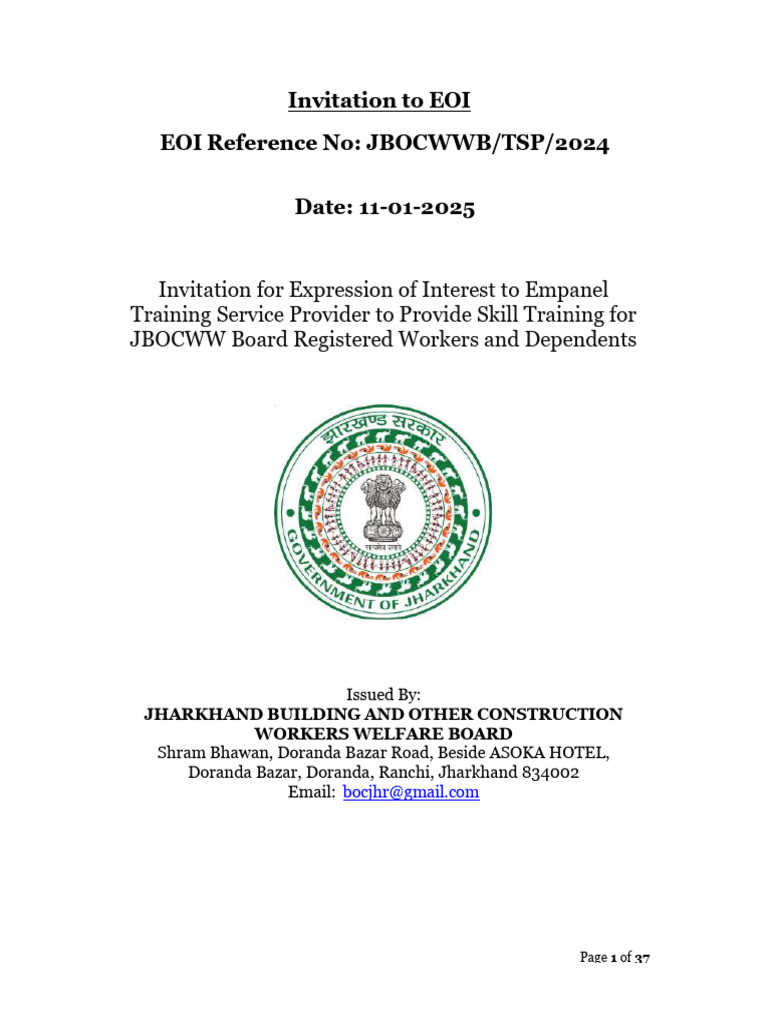 EOI Empanelment TSP BOCW Board Jharkhand | PDF | Confidentiality | Contractual Term