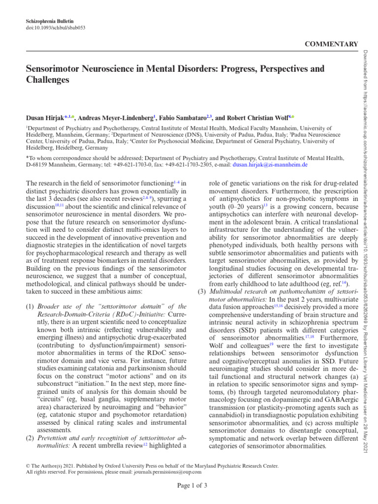 Sensorimotor Neuroscience in Mental Disorders Progress, Perspectives ...