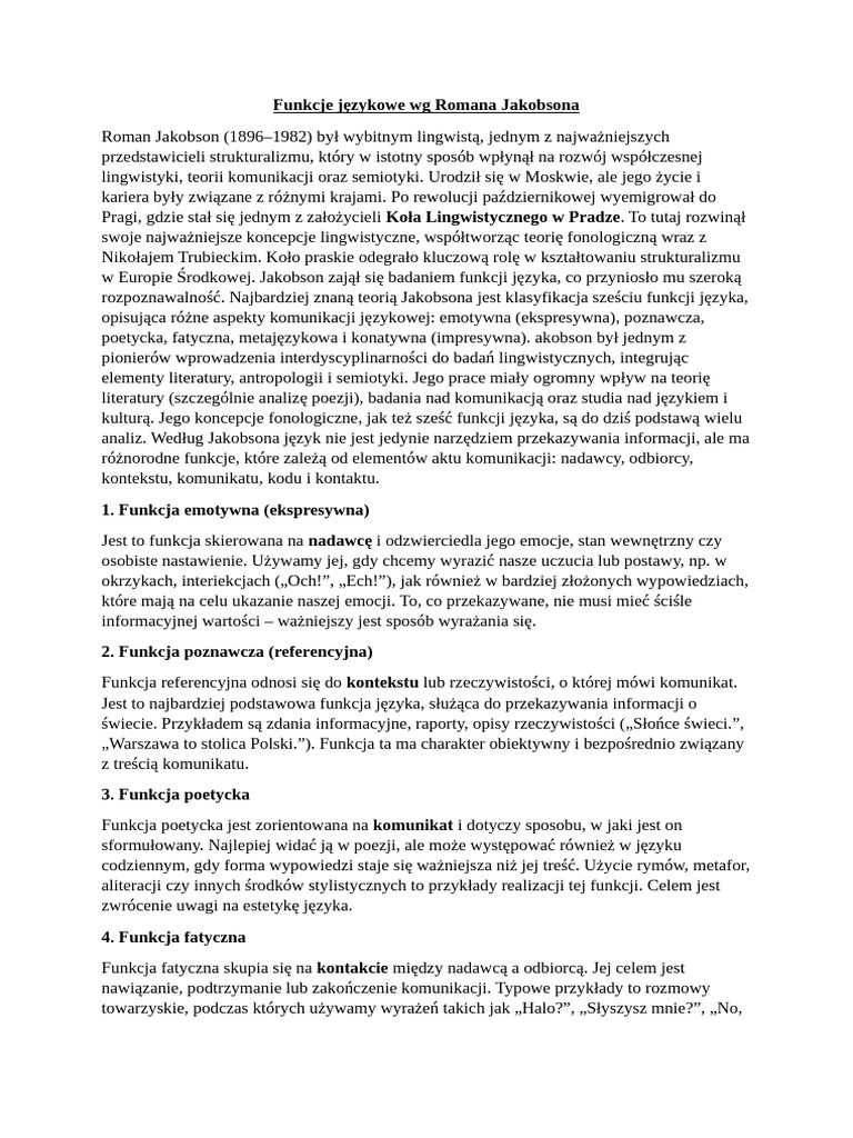 Funkcje Językowe WG Romana Jakobsona | PDF