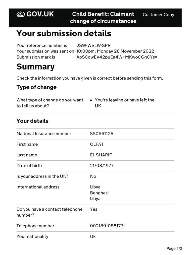 HMRC Child Benefit Claimant Change of Circumstances 2SW WSLW SPR | PDF ...