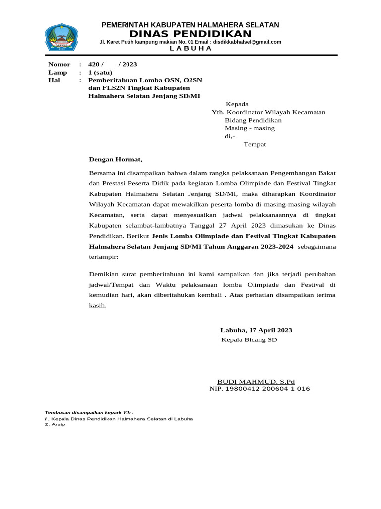 Ralat Pemberitahuan Lomba OSN, O2SN DAN FLS2N 2023.2 | PDF