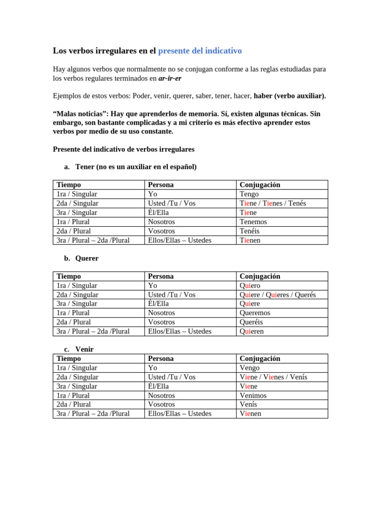 Conjugación de Verbos Irregulares | PDF | Verbo | Plural