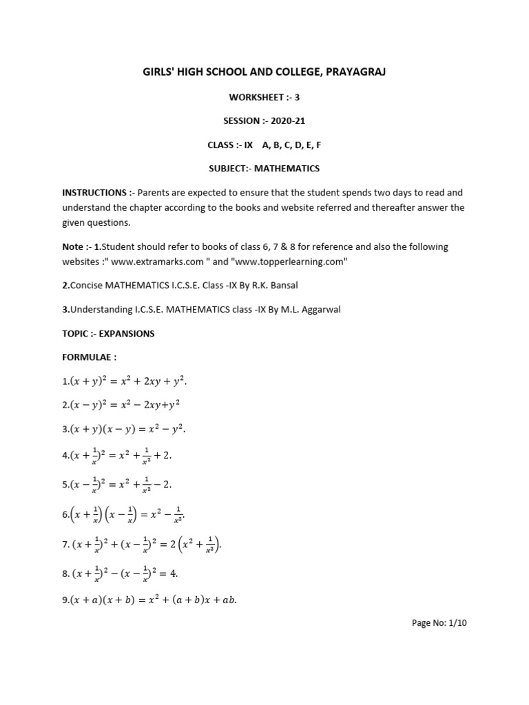 Class 9 ICSE Maths Expansions Worksheet | PDF | Mathematics ...