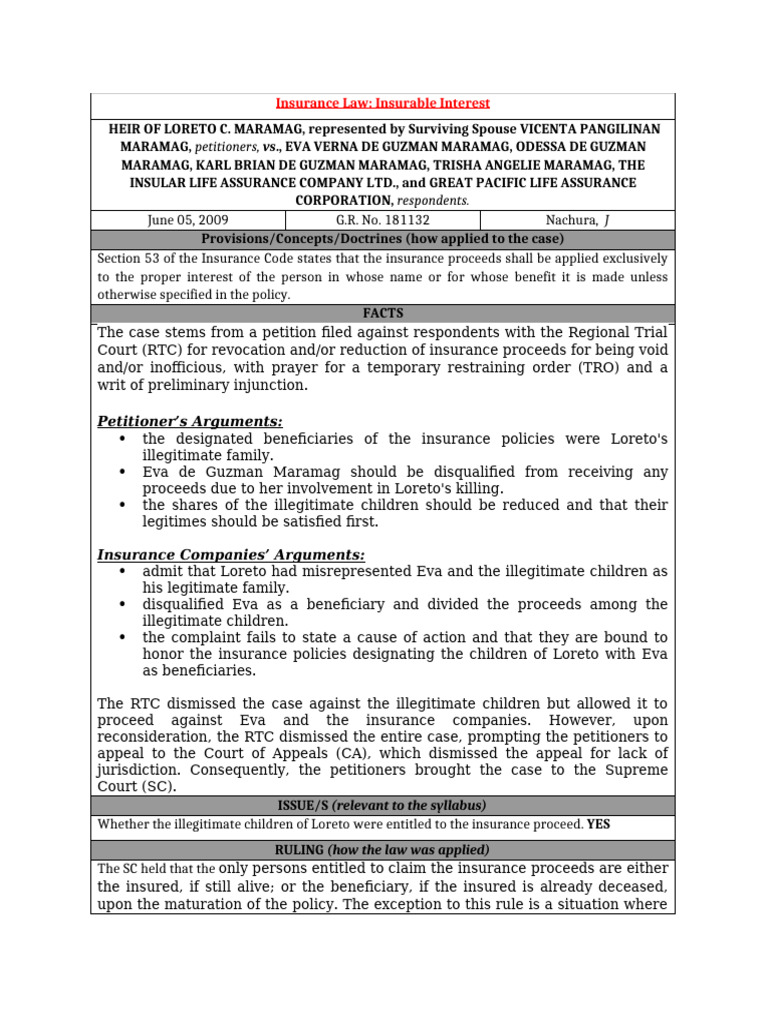 Insurance Law: Insurable Interest Case | PDF | Insurance | Injunction