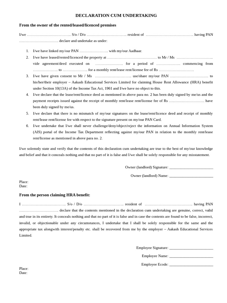 HRA Declaration and Undertaking Form | PDF | Lease | Private Law