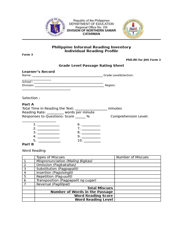 Philippine Informal Reading Inventory Form | PDF | Learning Methods ...