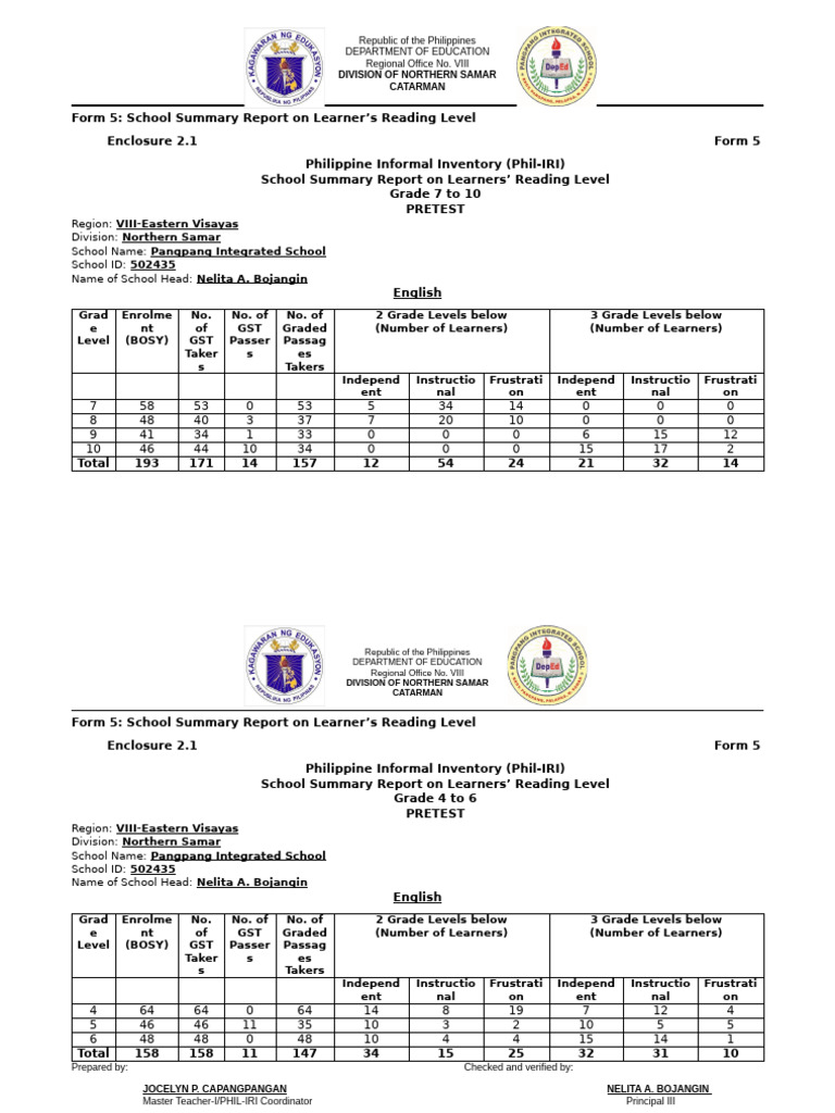 Pangpang IS - School Summary Report On Learner's Reading Level | PDF | Philippines