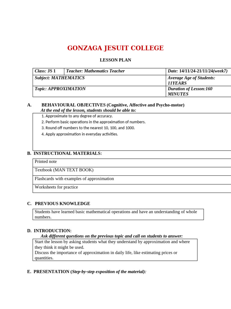 JS1 LESSON PLAN wk4 | PDF | Lesson Plan | Approximation
