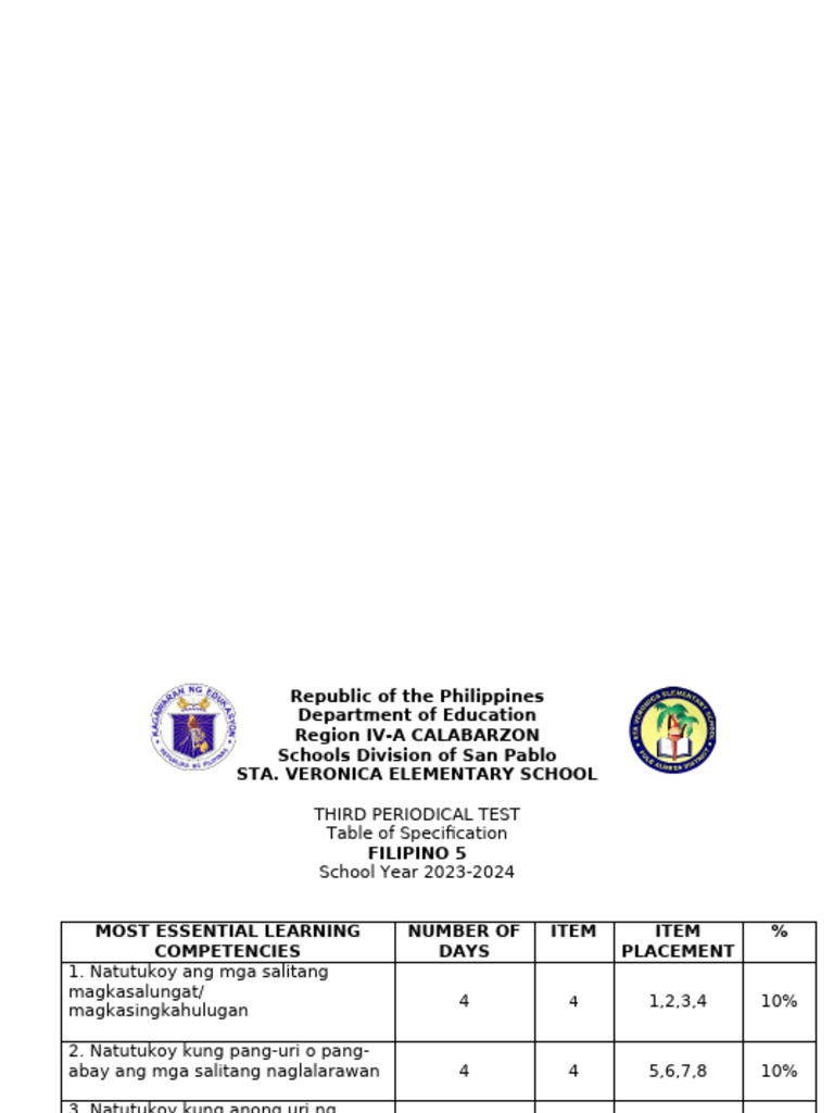 FILIPINO 5 EXAM and TOS 2023 2024 3rdQ | PDF