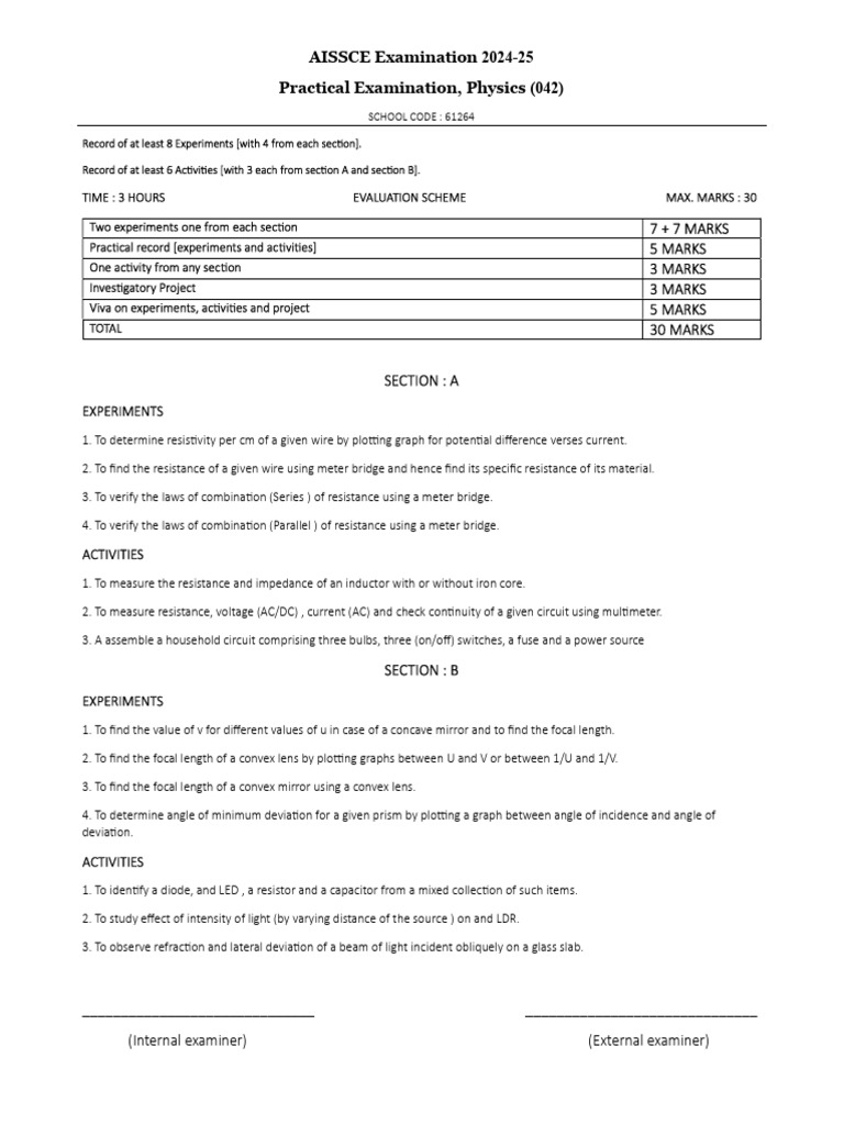 Physics Practical Paper Aissce 2024-25 | PDF | Electrical Resistance ...