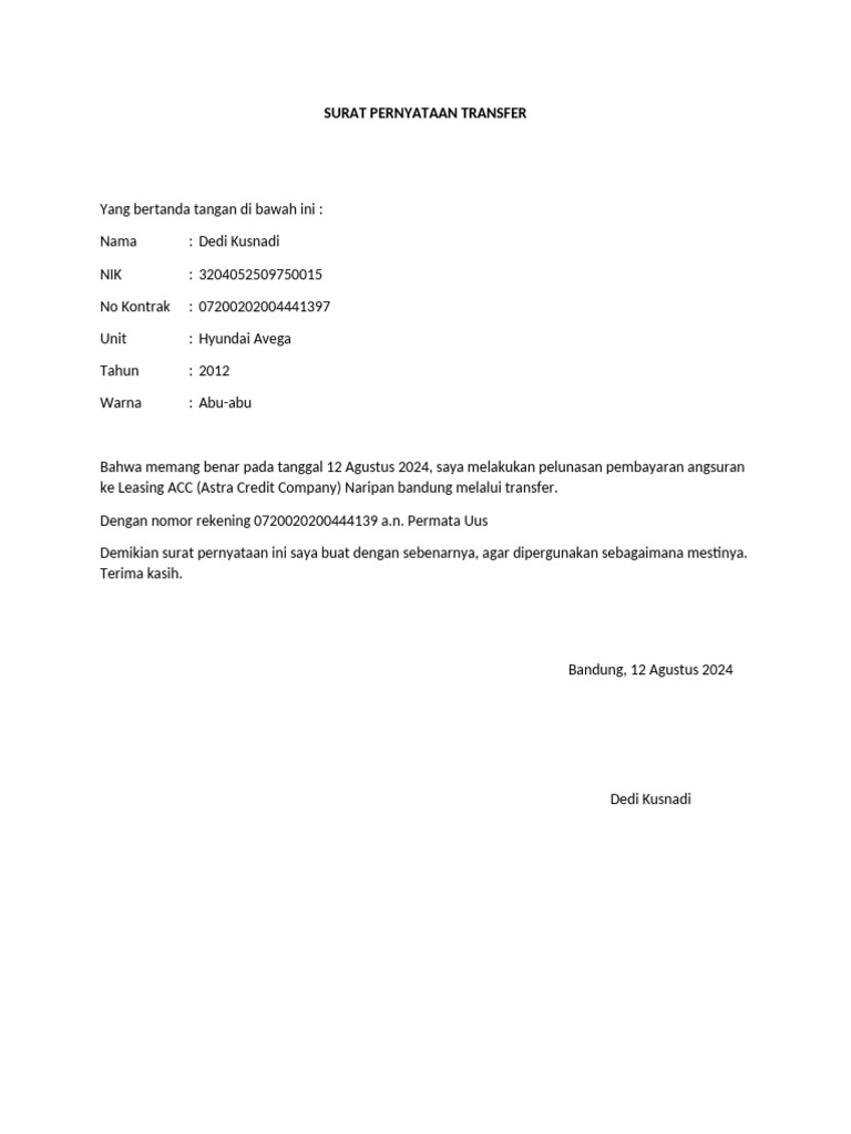 Surat Pernyataan Transfer | PDF