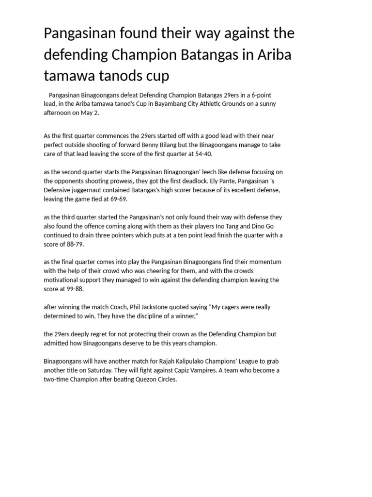 Pangasinan Binagoongans Defeat Batangas | PDF