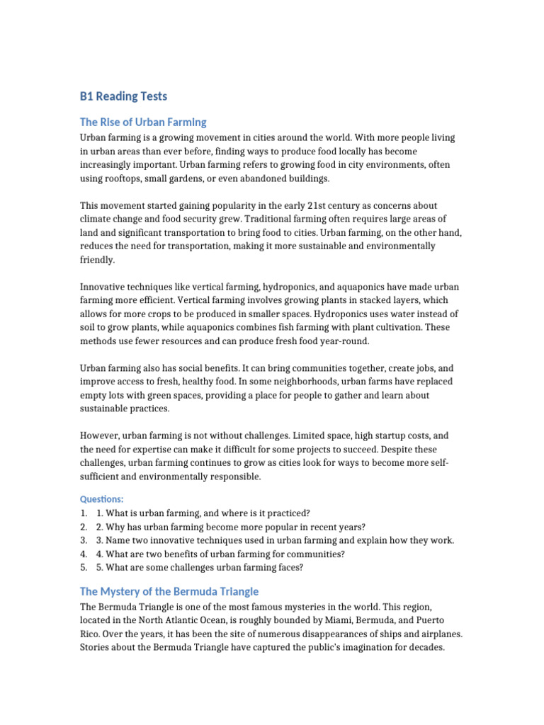 B1_Reading_Tests | PDF | Urban Agriculture | Agriculture