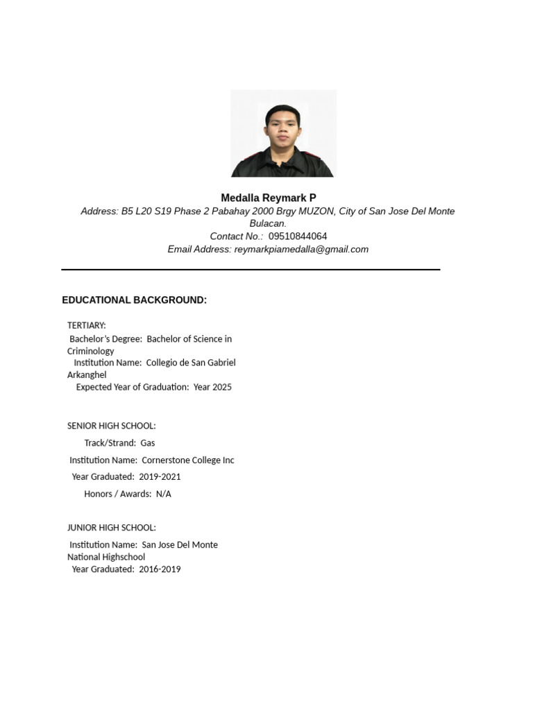Reymark Medalla's CV and Background | PDF