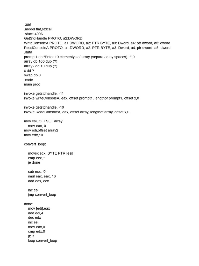 Assembly Program for Array Sorting | PDF