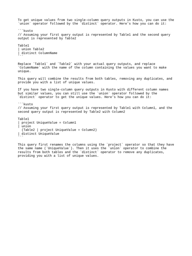 Kusto: Get Unique Values from Queries | PDF