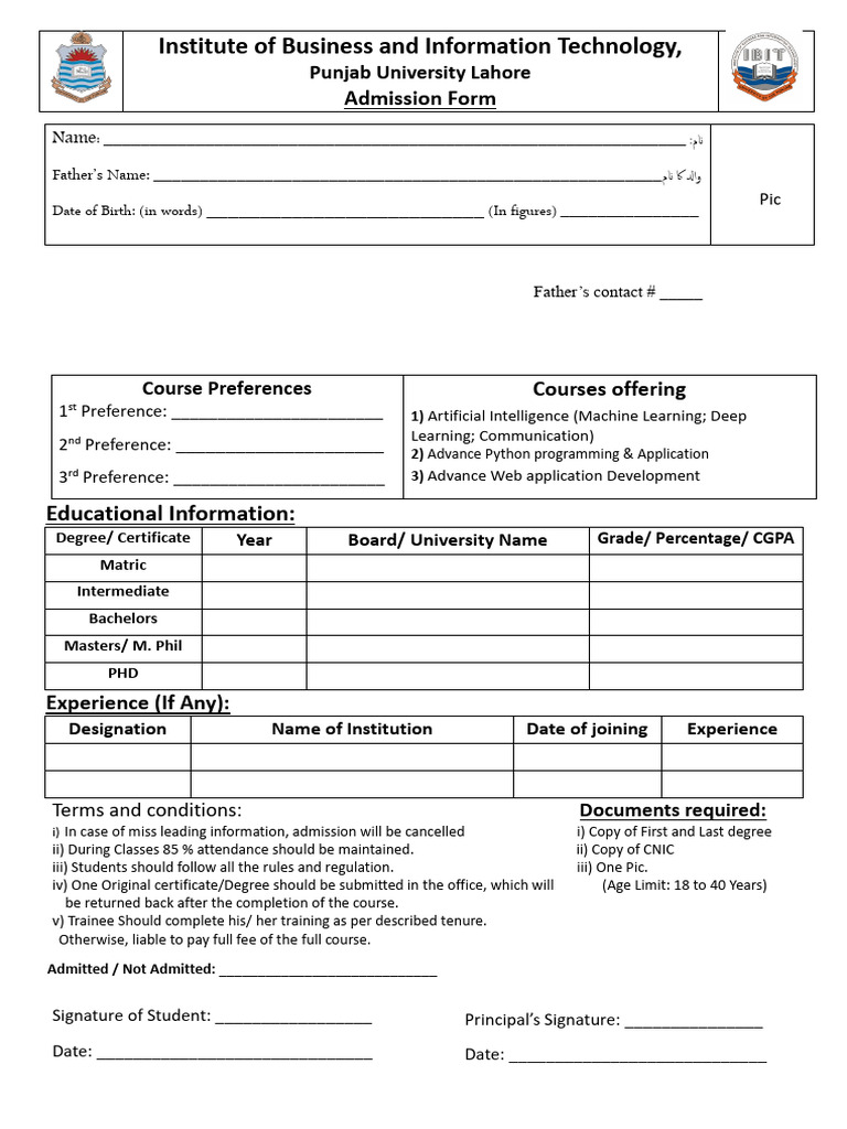 Admission Form IBIT | PDF