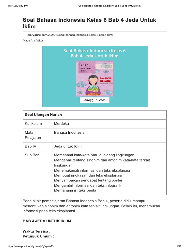 Soal Bahasa Indonesia Kelas 6 Bab 4 Jeda Untuk Iklim | PDF