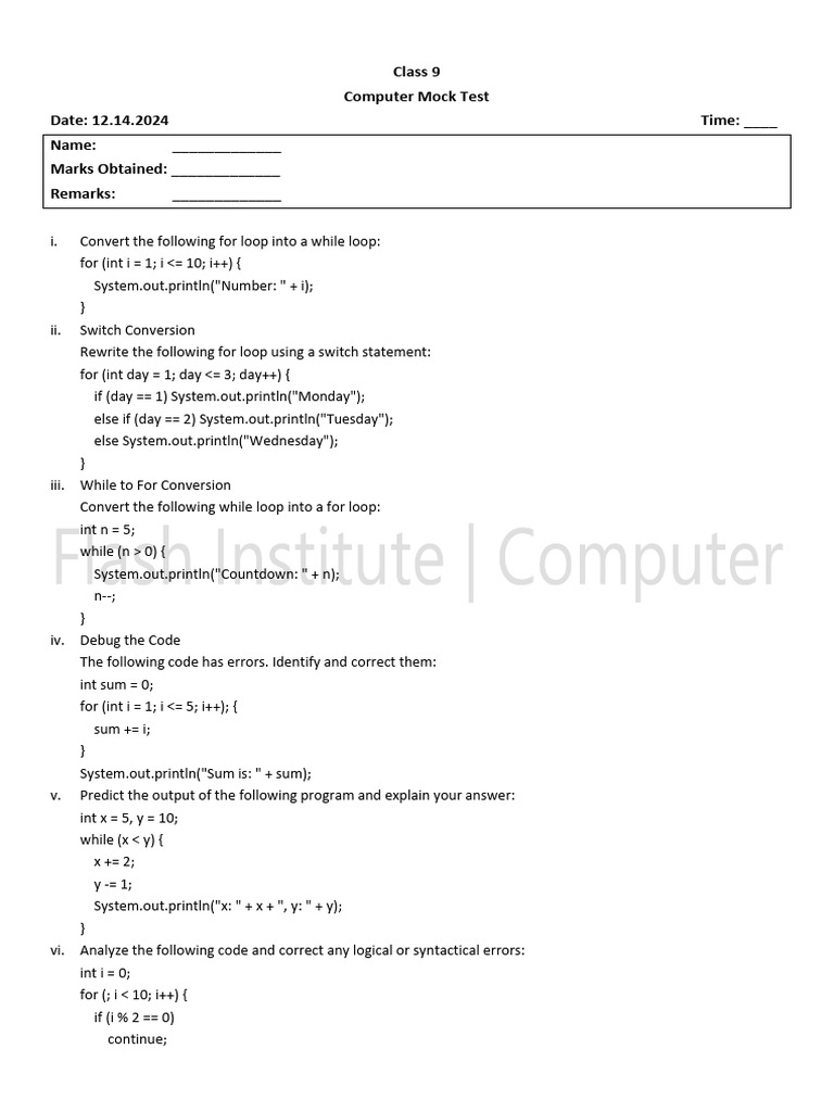 Class 9 Practice Questions 12212024 | PDF | Computer Programming | Computing