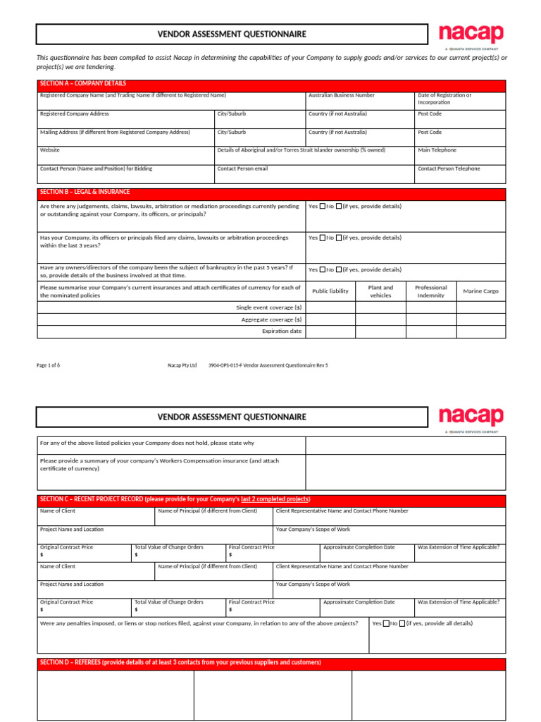 Vendor Assessment Questionnaire | PDF | Occupational Safety And Health ...