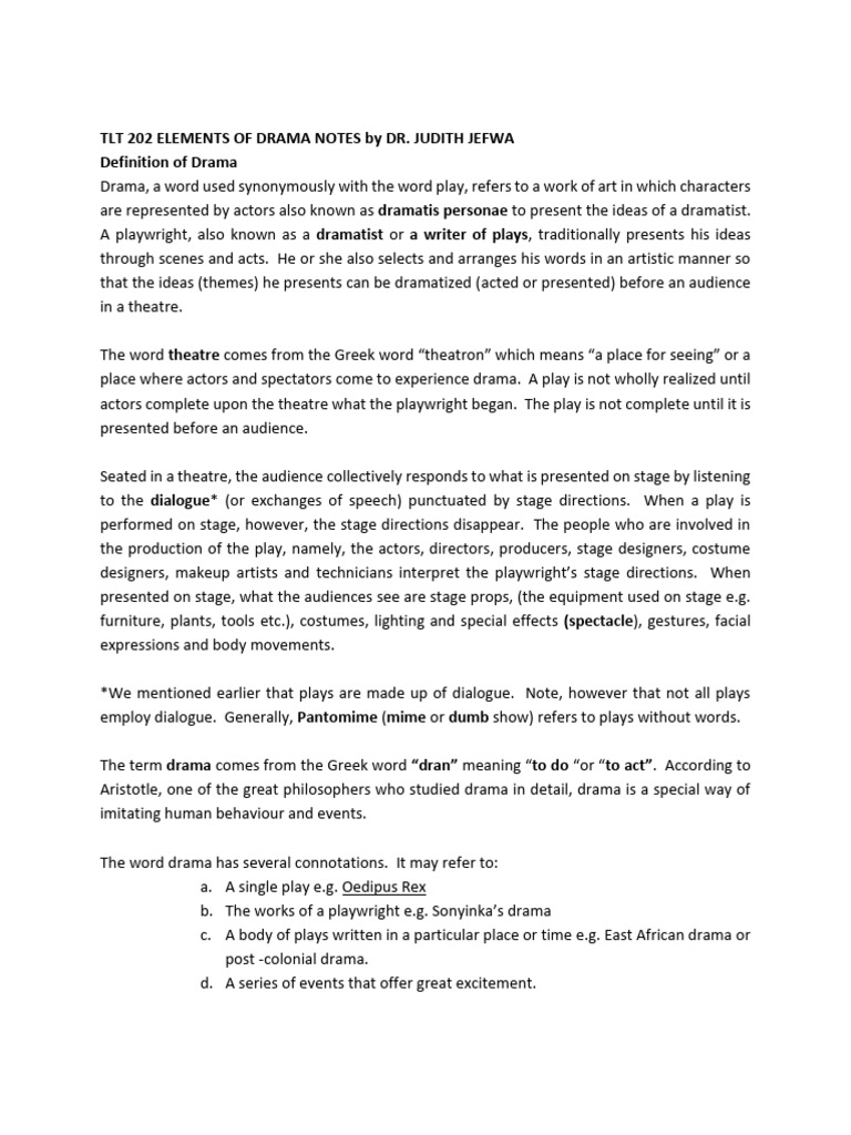 TLT 202 ELEMENTS OF DRAMA NOTES 2022 | PDF | Oedipus | Plot (Narrative)