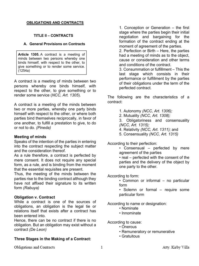 Obligations and Contracts Handout Contracts Dec 6 | PDF | Offer And Acceptance | Misrepresentation