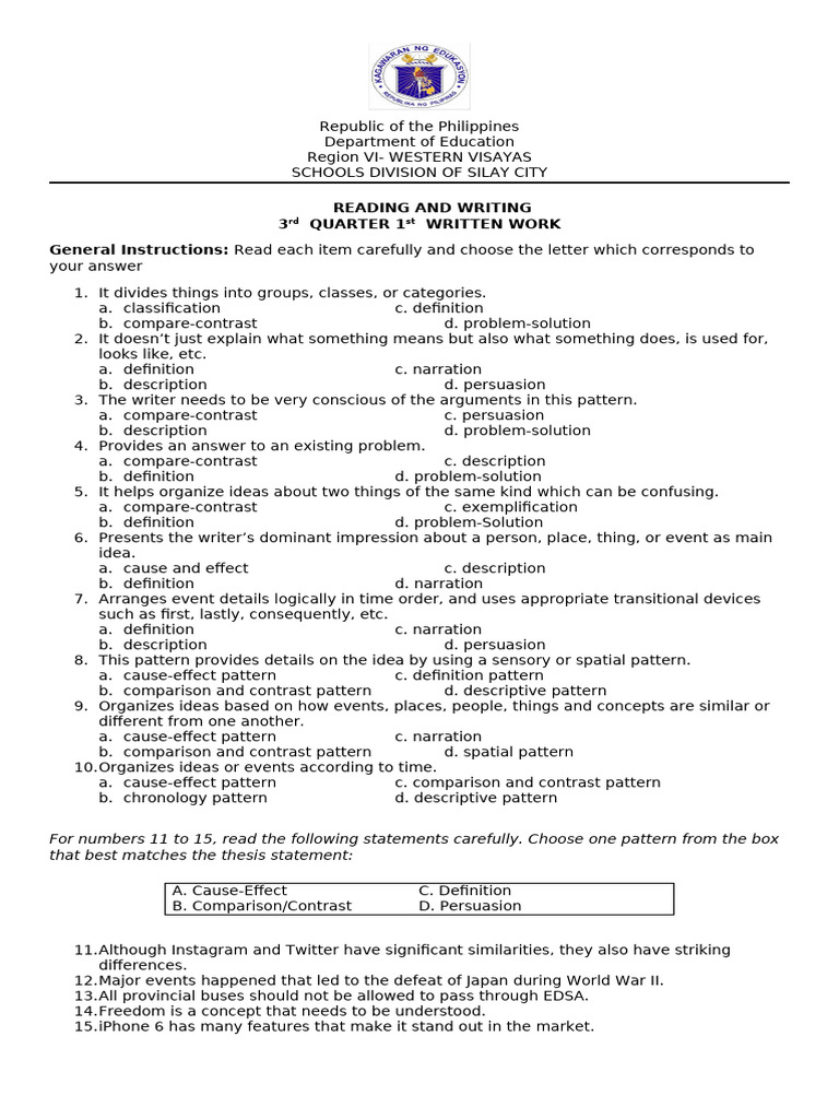 3rd Quarter Reading & Writing Assessment | PDF | Definition