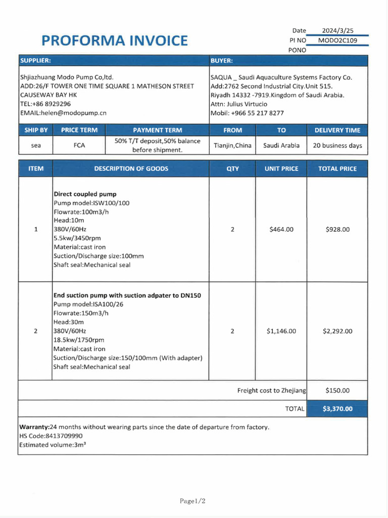 3. Pumps - Proforma Invoice | PDF