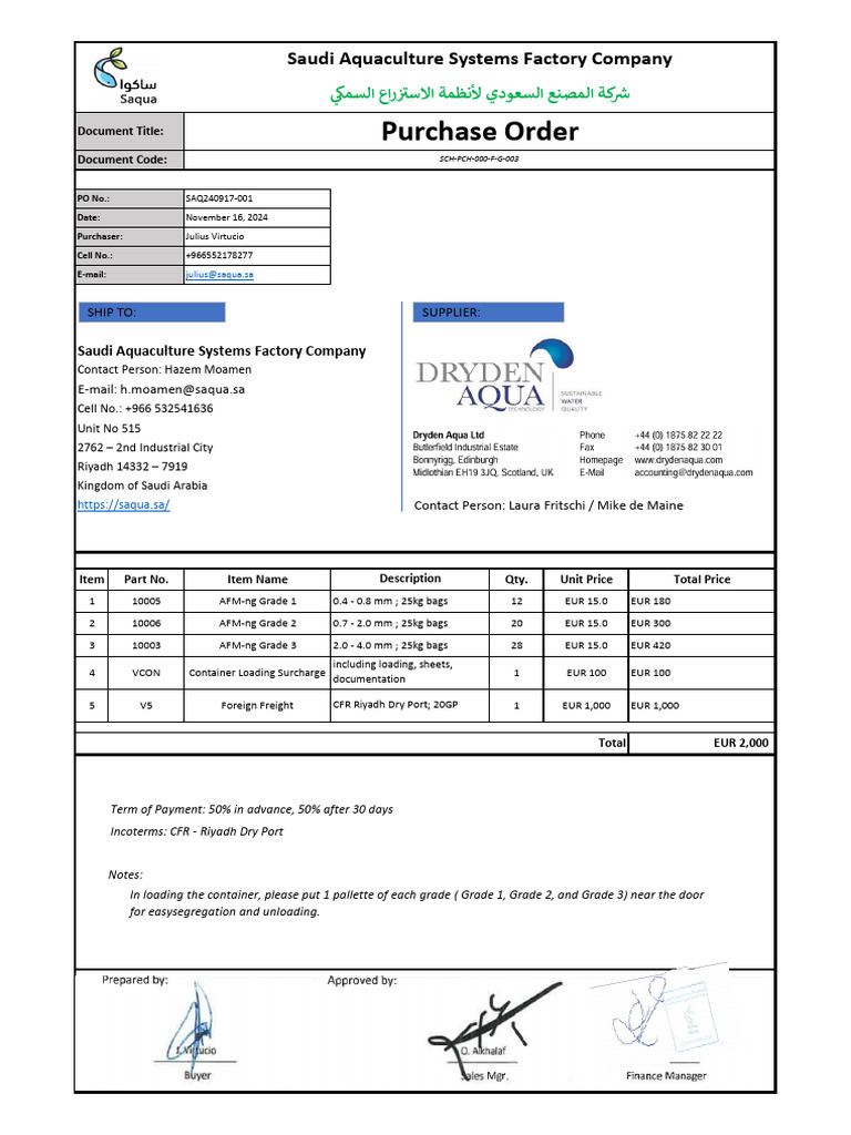 Purchase Order (PO) For Activated Filter Media | PDF