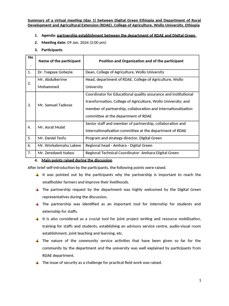 Summary of Day 1 Meeting (DG and RDAE) | PDF | Agriculture