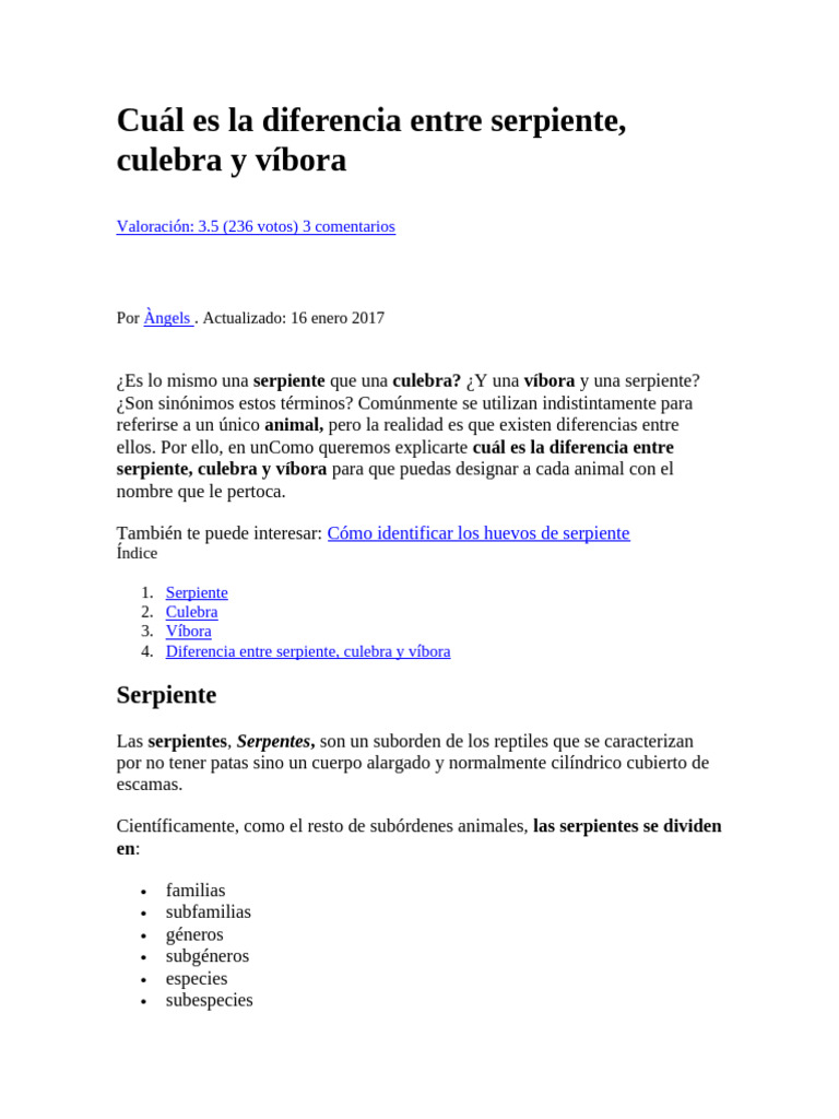 Diferencias entre serpiente, culebra y víbora | PDF | Serpiente ...
