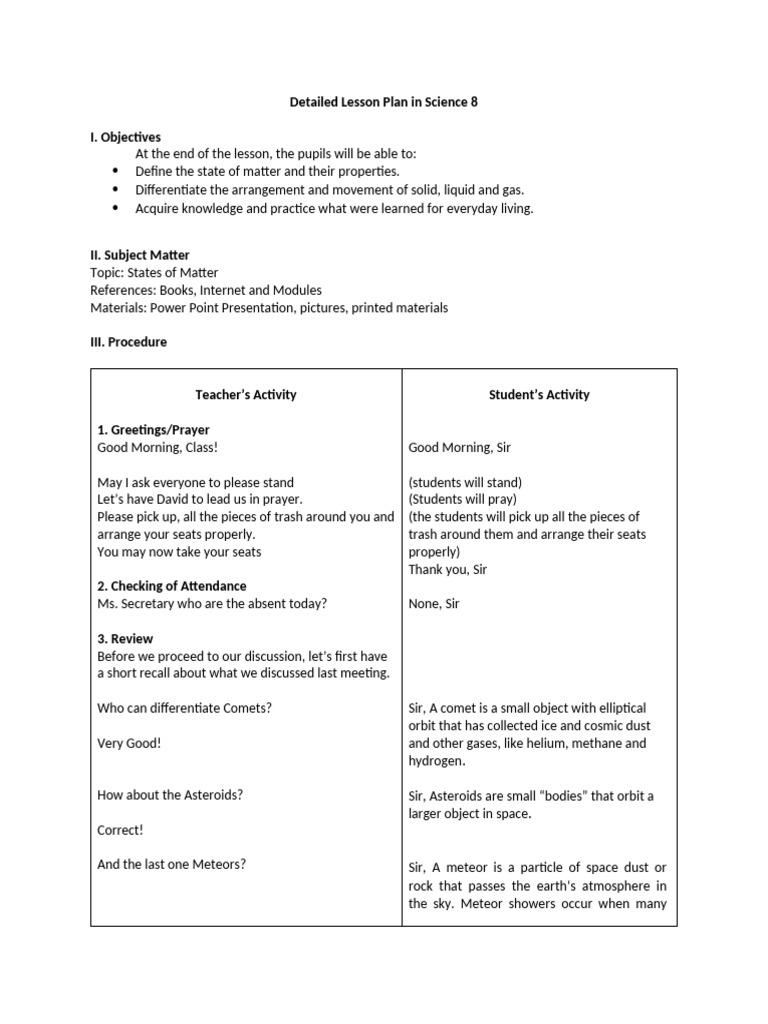 Lesson Plan: States of Matter for Grade 8 | PDF | Gases | Liquids