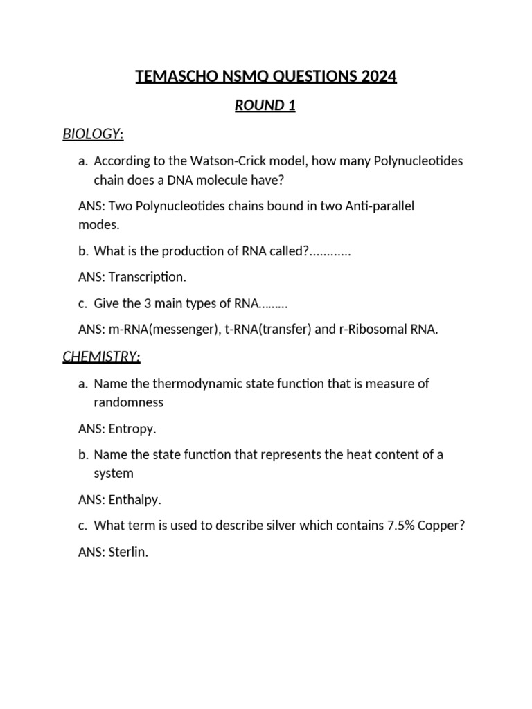 NSMQ 2024 Questions and Answers | PDF | Chemical Polarity | Force