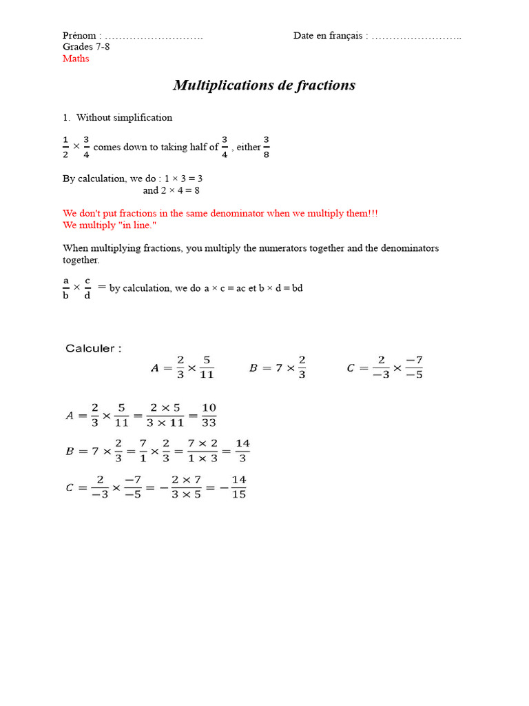 Produits Fractions Séance 1 Élève | PDF