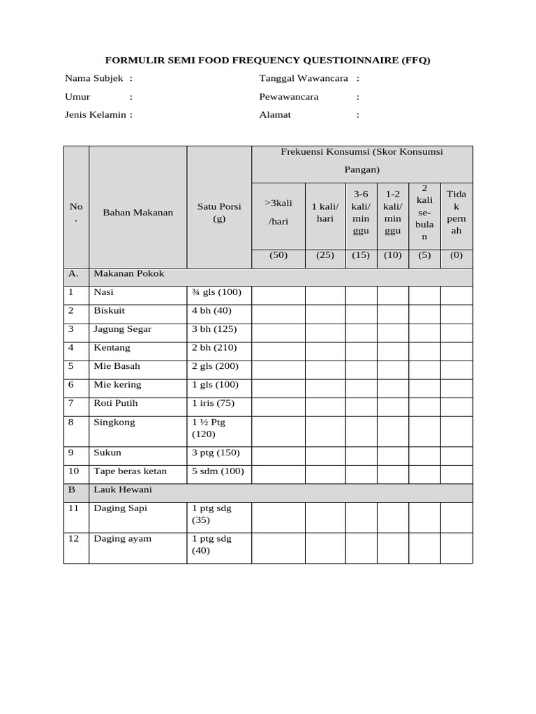 Formulir FFQ untuk Konsumsi Makanan | PDF