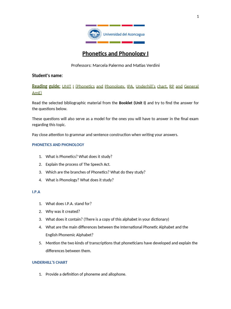 3. Reading guide UNIT 1 (Phonetics and Phonology, IPA, Underhill’s ...