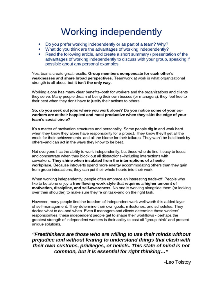 Working Independently - Student B (SV) | PDF | Psychological Concepts ...