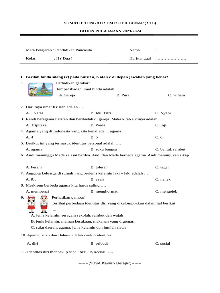 Soal STS Ii Pend Pancasila Kelas 2 | PDF