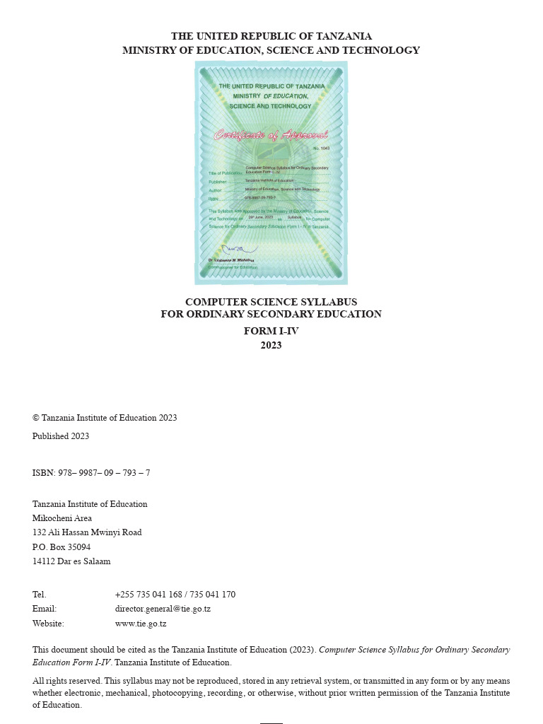 Computer Science Syllabus For Ordinary Secondary Education Form I-IV | PDF | Educational ...