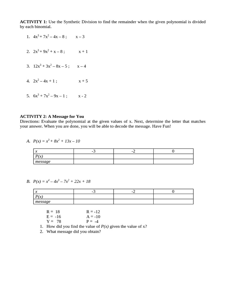 Math-10 ACTIVITY 3 | PDF | Polynomial | Equations