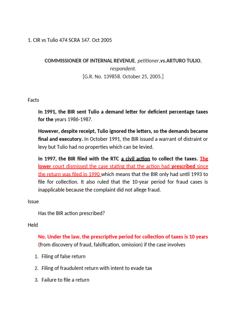 CIR Vs Tulio 474 SCRA 147. Oct 2005 | PDF | Lawsuit | Complaint