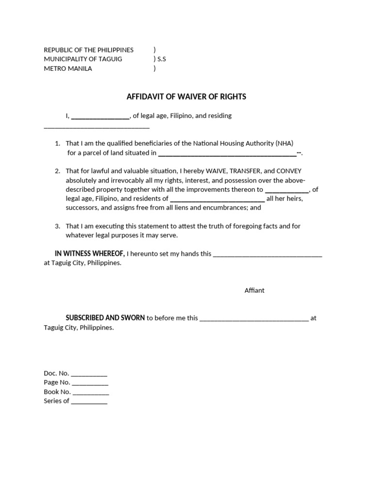 Affidavit of Waiver of Rights Template | PDF